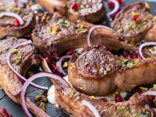 Crusty Aussie Lamb Chops with Pomegranate Yogurt Sauce - FlavCity